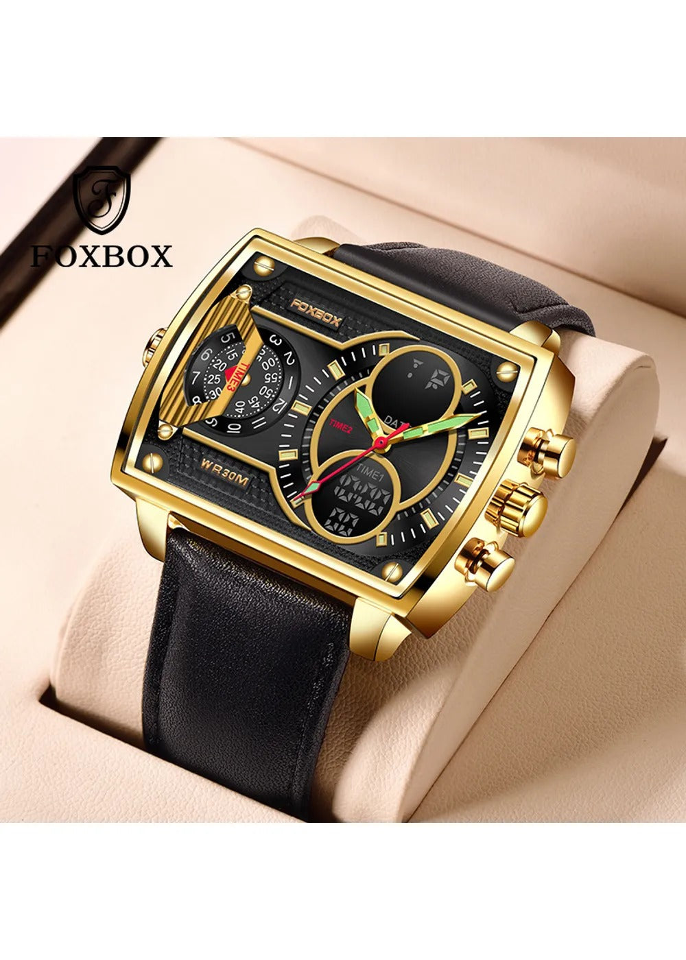 OVERFLY FOXBOX 3 Time Zones Analog Digital Luxury Chronograph Watch fo ...